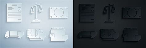 방패로 돈을 설정 종이 돈 현금 스택 배달화물 트럭 지갑과 정의와 개인 문서 아이콘의 스케일 벡터 화물차에 대한 스톡 벡터 아트 및 기타 이미지 Istock