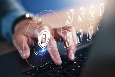 Cyber Security Hand And Document Encryption On Laptop With Hologram And Safety Lock Icon