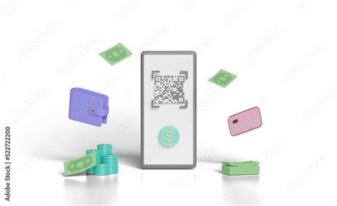 Mobile Phone Or Smartphone With Barcode Qr Code Scanning Wallet Banknotes Credit Card Coin