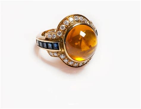 Vintage 18k Gold Amber Diamond Sapphire Ring Amber And Diamond Ring