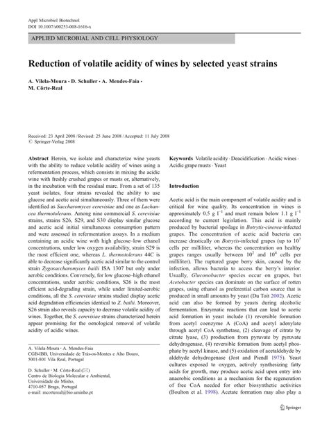 Pdf Reduction Of Volatile Acidity Of Wines By Selected Yeast Strains