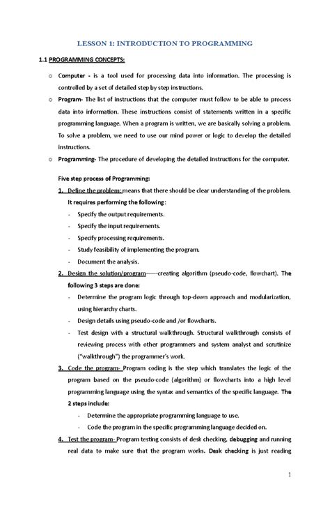 Intro To Programming Lecture Notes 1 Lesson 1 Introduction To Programming 1 Programming