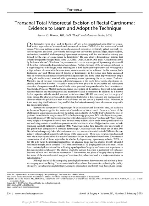 Pdf Transanal Total Mesorectal Excision Of Rectal Carcinoma
