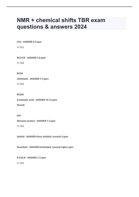 Nmr Chemical Shifts Tbr Exam Questions And Answers 2024 Nmr Chemical Shifts Tbr Stuvia Us