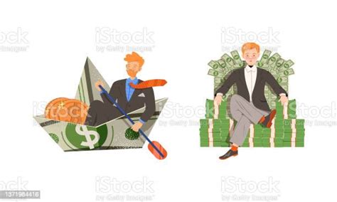 재정적 성공 개념 부유 한 사람이 쌓여 돈 패들 만화 벡터 일러스트와 돈 보트에 항해 성공적인 사업가의 큰 더미에 앉아 개체