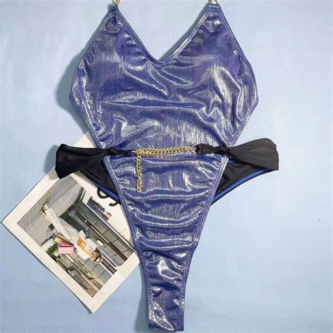 Metallic Chain Low Back Thong One Piece Swimsuit Sunnybikinis