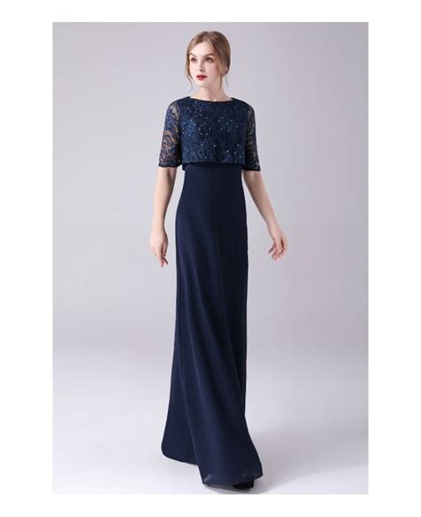 Navy Blue Empire Long Chiffon Mother Of The Bride Dress With Lace