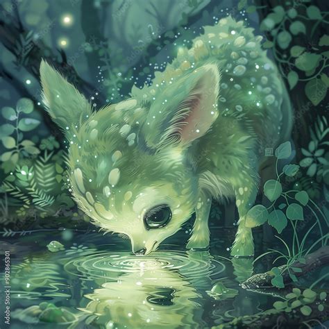 물을 마시는 몽환적인 숲의 사슴 Stock Illustration Adobe Stock