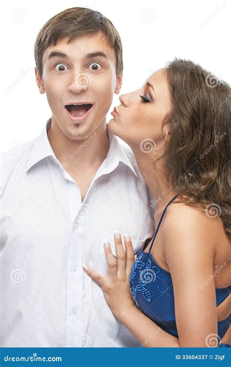Woman Kisses Cheek Surprised Man Stock Image Image Of Husband Face