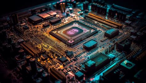 Abstract Blue Circuit Board With Complex Computer Chip And Semiconductor Generated By Ai Stock