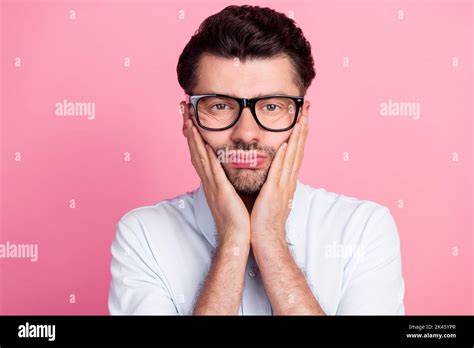 Closeup Photo Of Young Attractive Handsome Touch Cheeks Palms Unhappy