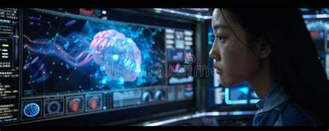 Woman Analyzing Digital Brain Data On Futuristic Computer Screens In Hightech Laboratory Stock