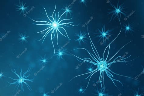 빛나는 링크 매듭이 있는 뉴런 세포의 개념적 그림 초점 효과가 있는 뇌의 뉴런 전기 화학 신호를 보내는 시냅스와 뉴런 세포 3d 그림 프리미엄 사진