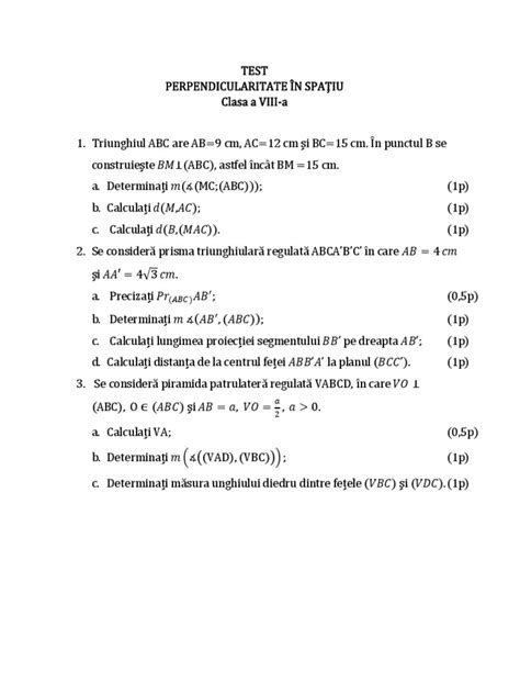 Test Perpendicularitate Spatiu Pdf