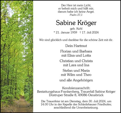 Traueranzeigen von Sabine Kröger noz Trauerportal