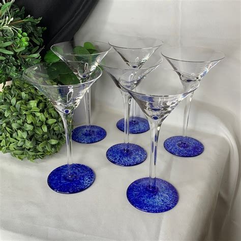 Dining Set Of 6 Mouth Blown Martini Glasses With Cobalt Blue Swirl