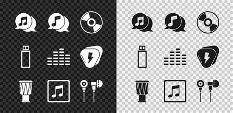 말풍선 Cd 또는 Dvd 디스크 드럼 음표 톤 Air 헤드폰 Usb 플래시 드라이브 및 이퀄라이저 아이콘에서 음표를 설정합니다