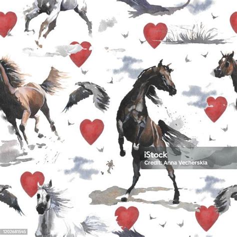 흰색 배경에 흰색과 어두운 갈색 야생 말과 마음을 원활한 패턴 그림 검은색에 대한 스톡 벡터 아트 및 기타 이미지 검은색 그림 그리기 말 Istock