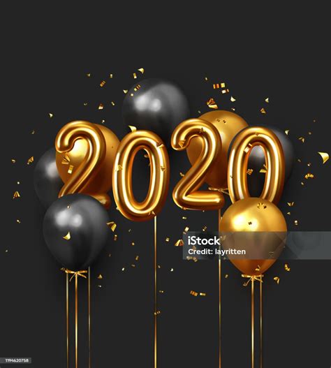 새해 복 야 2020 현실적인 금과 검은 풍선 배경 디자인 메탈릭 번호 날짜 2020 리본에 헬륨 발롱 반짝이 밝은 색종이 12