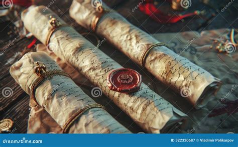 Three Ancient Scrolls With Wax Seals On Top Suitable For Historical Or Mystery Settings Stock