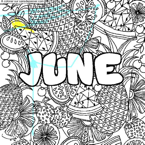 Coloriage prénom JUNE décor Mandala fruits Sans Dépasser