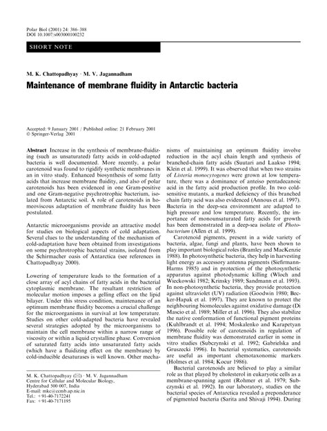 Pdf Maintenance Of Membrane Fluidity In Antarctic Bacteria