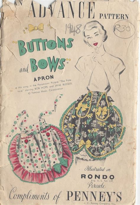 1940s Vintage Sewing Pattern Apron One Size R509 The Vintage