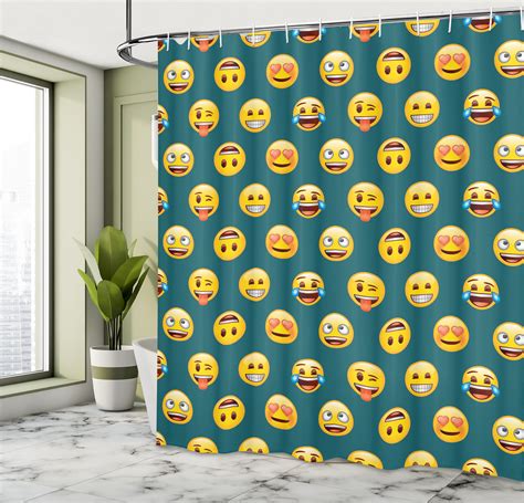Ambesonne Emoji Shower Curtain Funny Faces Happy Surprised Dark Teal