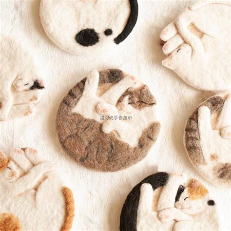 羊毛氈 戳戳樂 手工diy 材料包 蜷縮貓咪杯墊 黃白黑 簡單手工diy材料包 打發時間 蝦皮購物