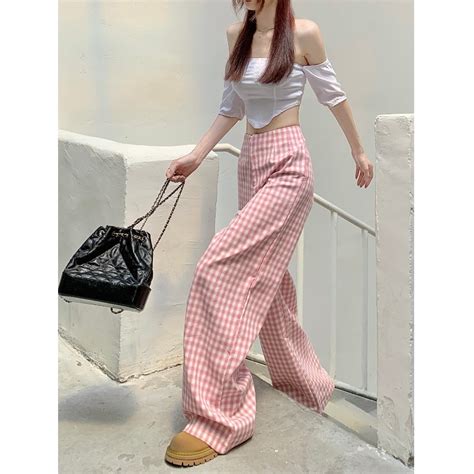얇은 느슨한 슬리밍 격자 무늬 와이드 레그 팬츠 여성용 여름 새로운 디자인 하이 웨이스트 캐주얼 핑크 팬츠 AliExpress