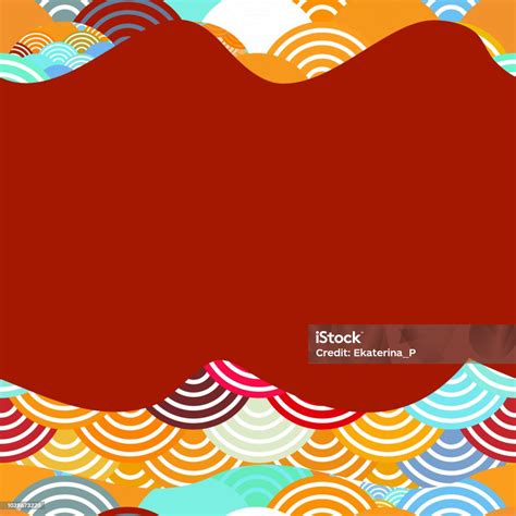 여름 밝은 햇살 패턴 물고기 비늘 중국 파 원 패턴 빨간 오렌지 노란색 블루 핑크 색상 카드 배너 디자인 간단한 자연 배경 텍스트에 대 한 와인 색 프레임입니다 벡터 0명에