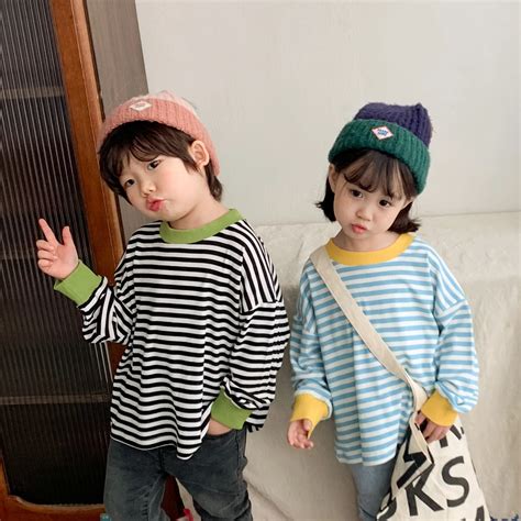 한국 소년 소녀 컬러 루즈 캐주얼 스트라이프 티셔츠 어린이 긴 소매 셔츠 2022 봄 및 가을 Aliexpress