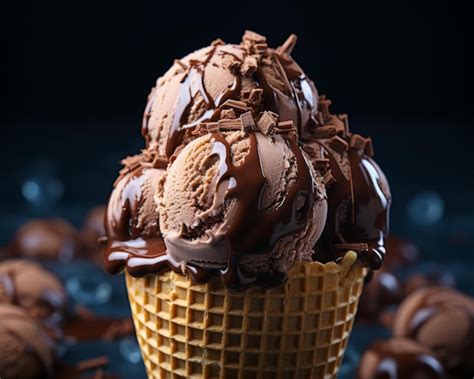 Sorvete De Chocolate Em Um Cone De Waffle Em Um Fundo Escuro Vetor