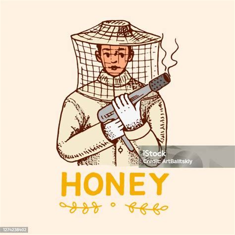 꿀과 꿀벌 양봉가 남자 타이포그래피 상점 또는 간판용 빈티지 로고 티셔츠 배지 손으로 그린 조각 스케치 벡터 일러스트레이션 0