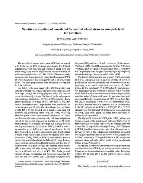 Pdf Nutritive Evaluation Of Inoculated Fermented Wheat Straw As Complete Feed For Buffaloes