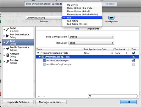 Iphone Target Individual Xctest Unit Test Cases In Xcode 5 To A Specific Ios Device For A