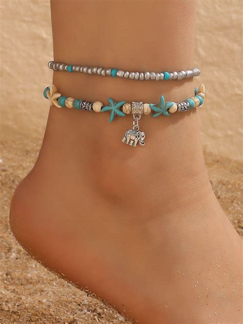 Elephant Charm Starfish Decor Beaded Layered Anklet Anklets Ankle