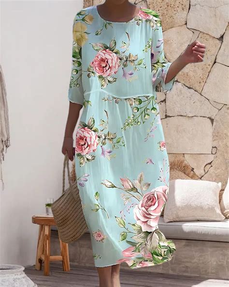 Elegant Floral Print Crew Neck Dress Iktops