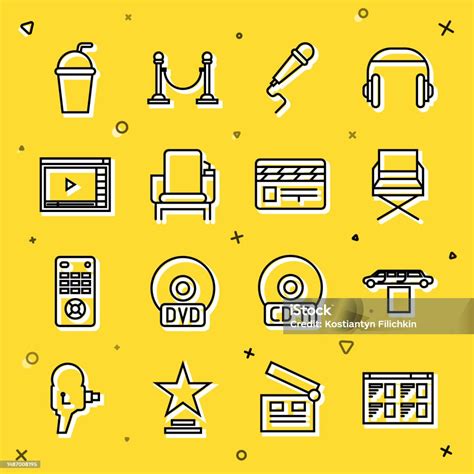 세트 라인 온라인 플레이 비디오 리무진 자동차 및 카펫 감독 영화 의자 마이크 영화관 빨대와 영화 클래퍼 아이콘과 종이 유리 벡터 3차원 형태에 대한 스톡 벡터 아트 및