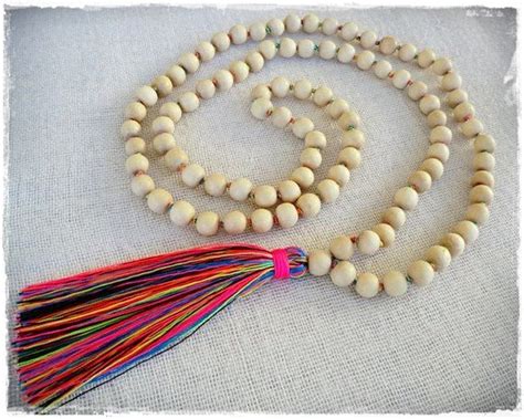 Wooden Bead Tassel Necklace Pale Wooden Beads Handknotted And With