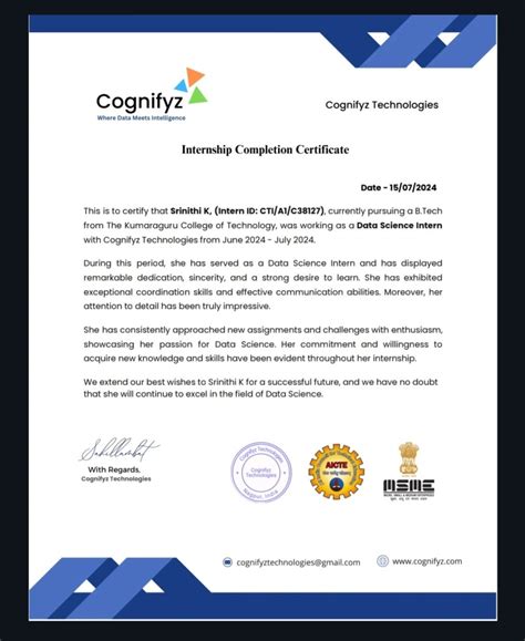 Srinithi K On Linkedin Internship Datascience Career Cognifyz