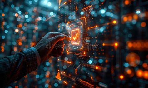 Businessman In A Suit Holding A Holographic Document With A Glowing Check Mark Concept Of