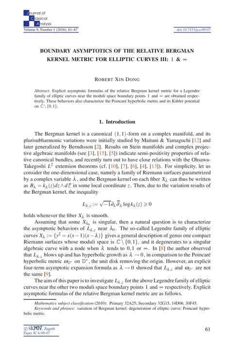Pdf Boundary Asymptotics Of The Relative Bergman Kernel Metric For Elliptic Curves Iii 1 And ∞