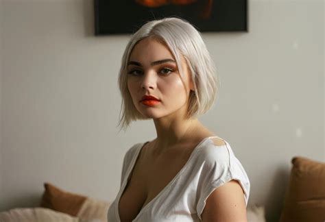 A Woman With Blonde Hair And A White Top Is Sitting On A Couch