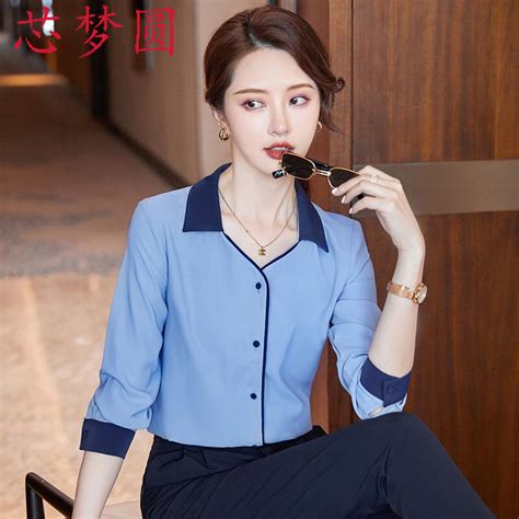 長袖秋冬新款拼接藍色氣質通勤職業裝女襯衫風琴翻領白領襯衣正裝 露天市集 全台最大的網路購物市集