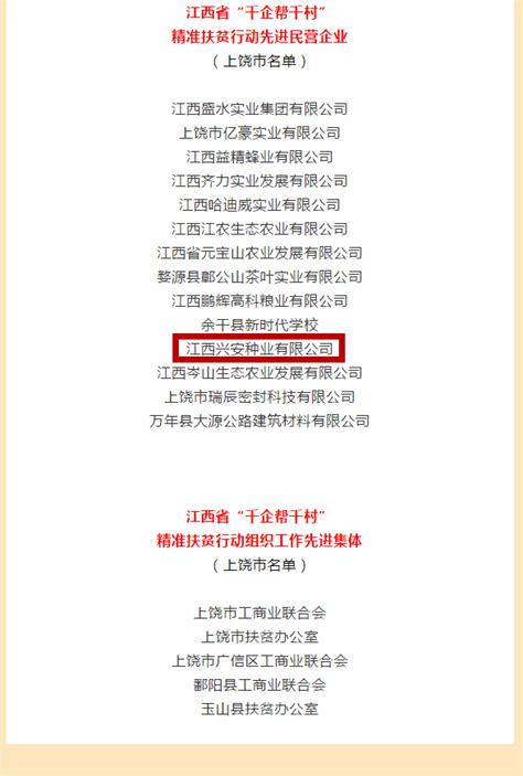 热烈祝贺兴安种业荣获“江西省千企帮千村精准扶贫行动先进民营企业”称号江西兴安种业有限公司
