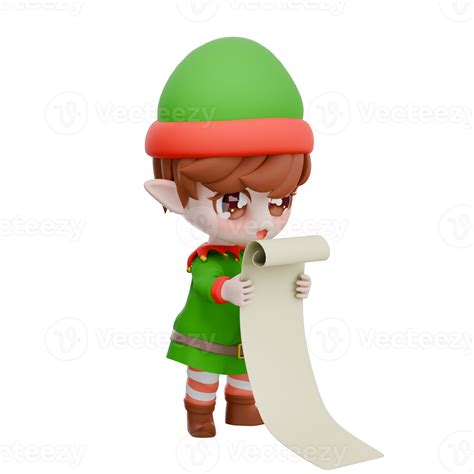 Holiday Cartoon Christmas Chibi Elf A Male Chibi Elf Stands While Both Hands Hold A Long Piece
