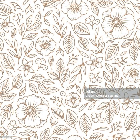 플로럴 벡터 매끄러운 패턴 윤곽손 그린 아네몬 꽃과 잎 흩어져 있는 초원 야생화 골드 화이트 라인 아트 배경 패션 프린트 개화기에 대한 스톡 벡터 아트 및 기타 이미지