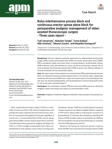 Pdf Bolus Intertransverse Process Block And Continuous Erector Spinae Plane Block For