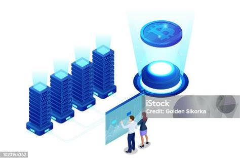 아이소메트릭 Bitcoin 마이닝 개념입니다 Cryptocurrency 및 Blockchain 개념입니다 마이닝 Bitcoins